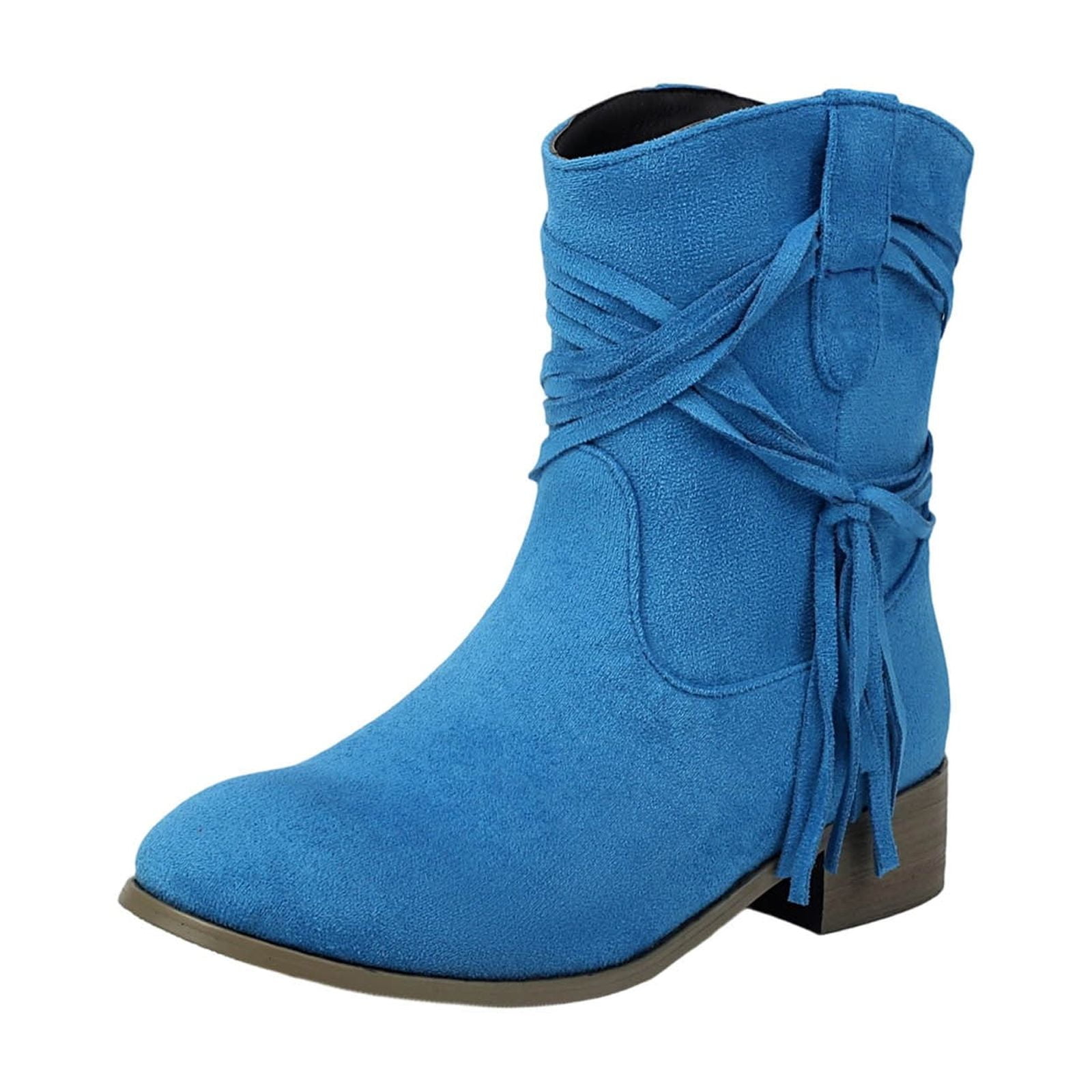 Blue Tassel Embellished Ankle Boots For Women Slip On Chunky Heel ...