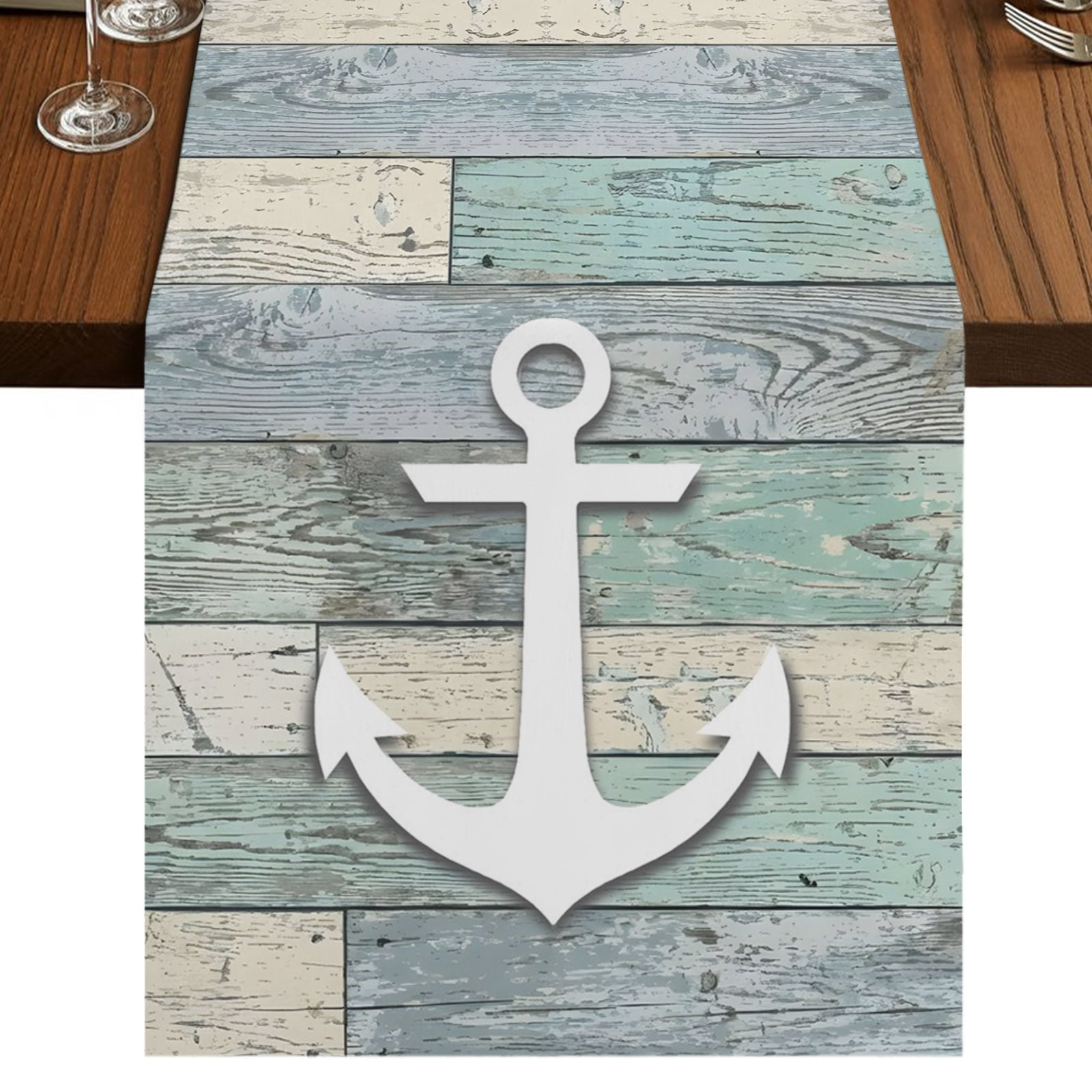 Blue Teal Anchor Burlap Cotton Table Runner 13x70 Inches Long, Wooden ...