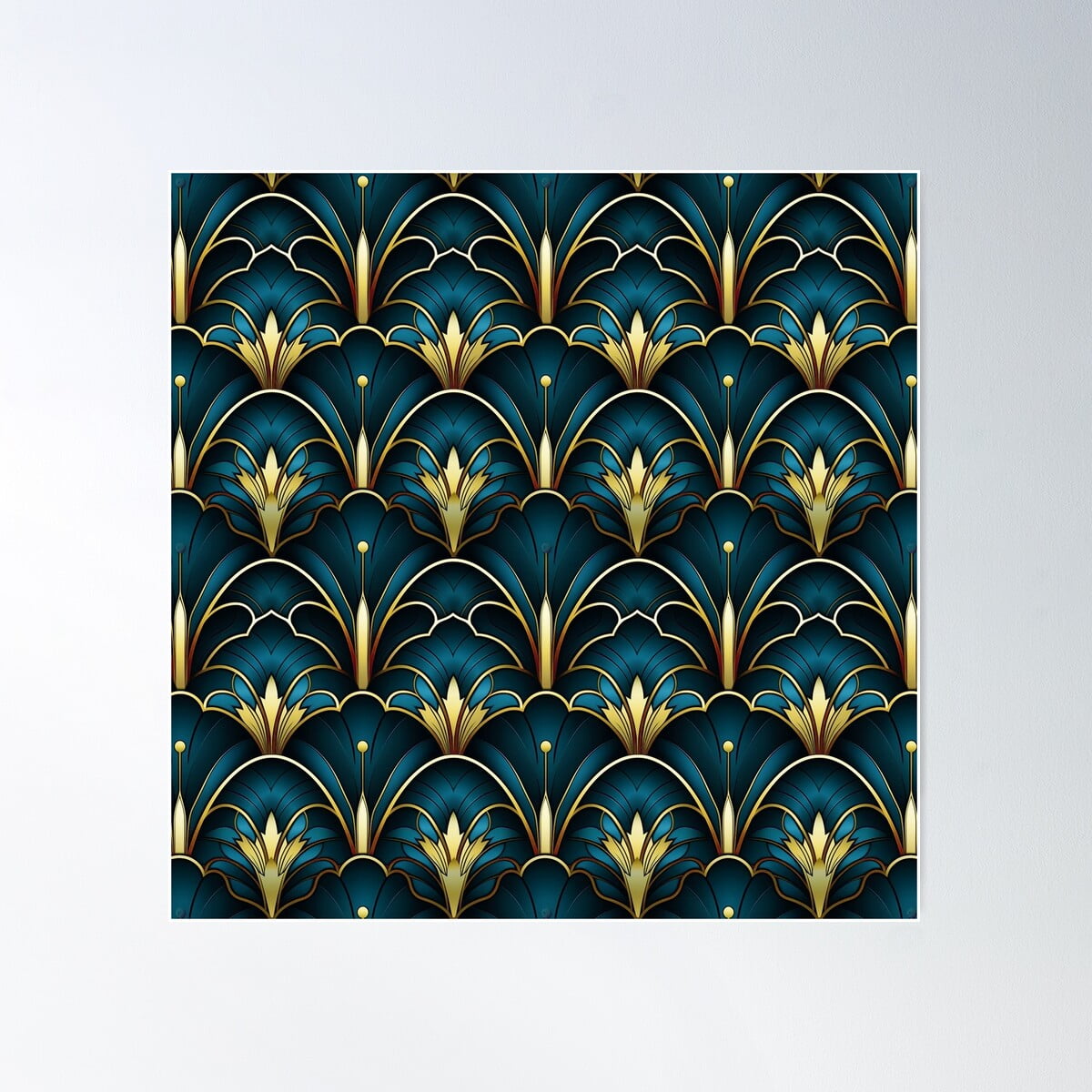 Blue Teal And Golden Hues Art Deco Pattern Poster Wall Art, Modern Wall ...