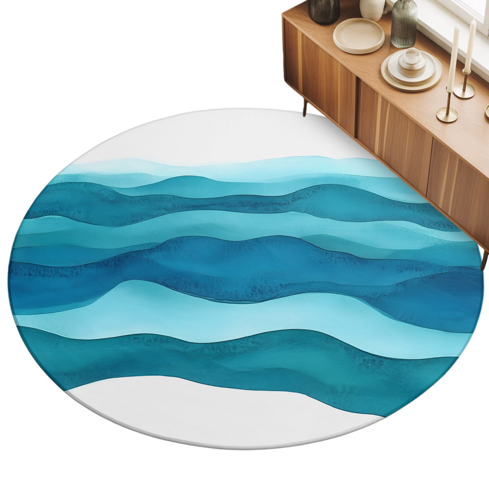 Blue Teal Area Rugs 3.3' (Round) Gradient Waves Abstract Watercolor ...