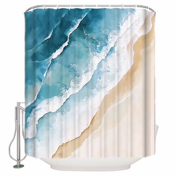 Blue Teal Beach Coastal Bathroom Shower Curtains with 12 Hooks ...