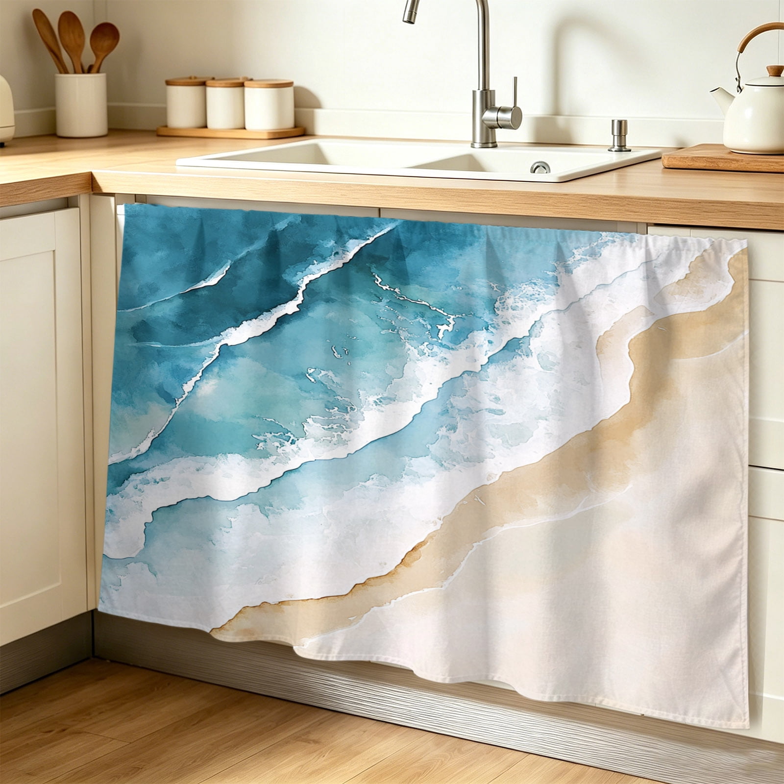 Blue Teal Beach Coastal Cabinet Curtains for Shelves, Summer Nautical ...