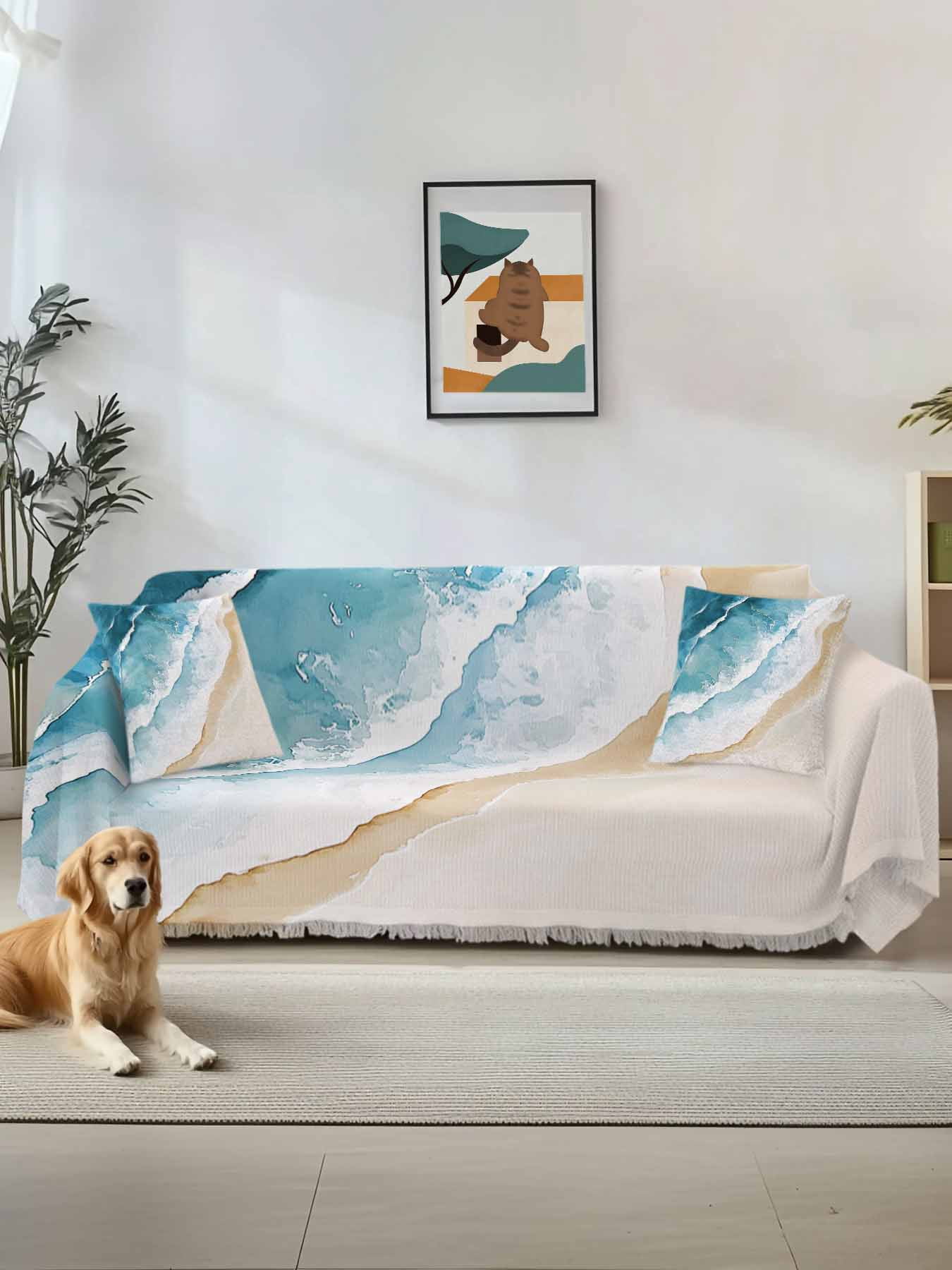 Blue Teal Beach Coastal Couch Cover for 2 Cushion Sofa, Summer Nautical ...