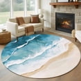 Blue Teal Beach Coastal Round Area Rug 5 FT, Non Slip Bedroom Rugs ...