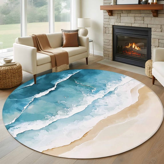 Blue Teal Beach Coastal Round Area Rug 5 FT, Non Slip Bedroom Rugs ...