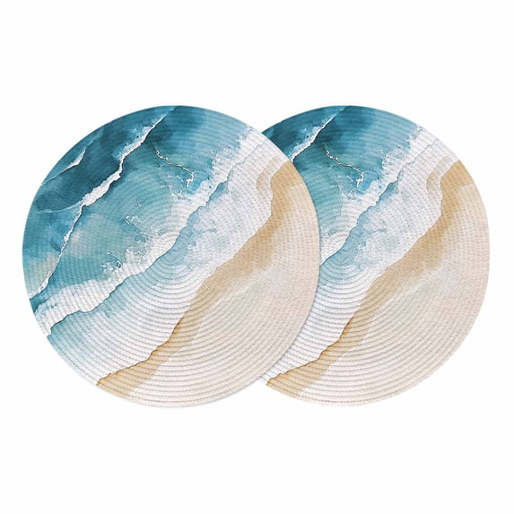 Blue Teal Beach Coastal Round Placemats Set of 2, Braided Polypropylene ...