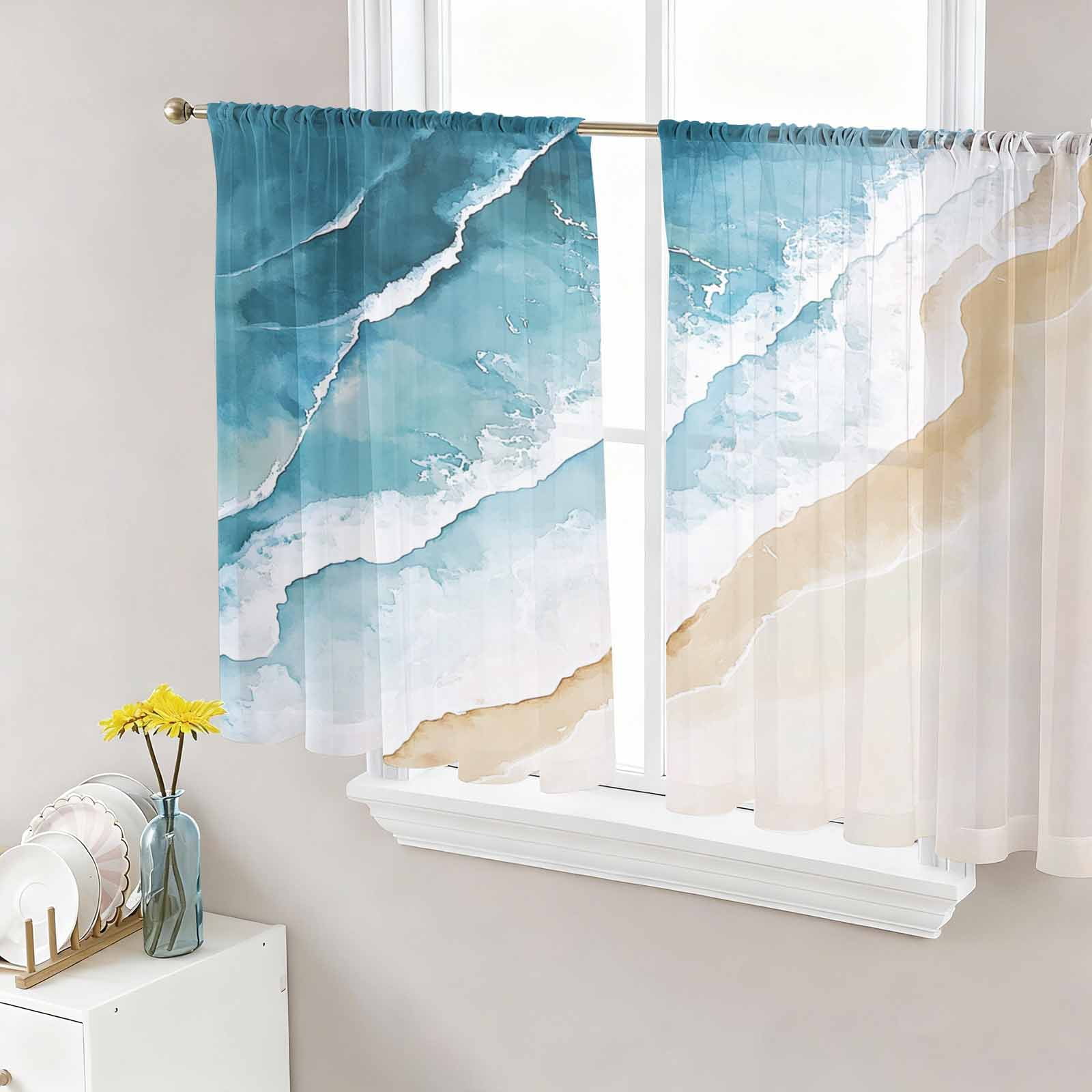 Blue Teal Beach Coastal Semi Sheer Curtains 45 Inch Length 2 Panels Set ...