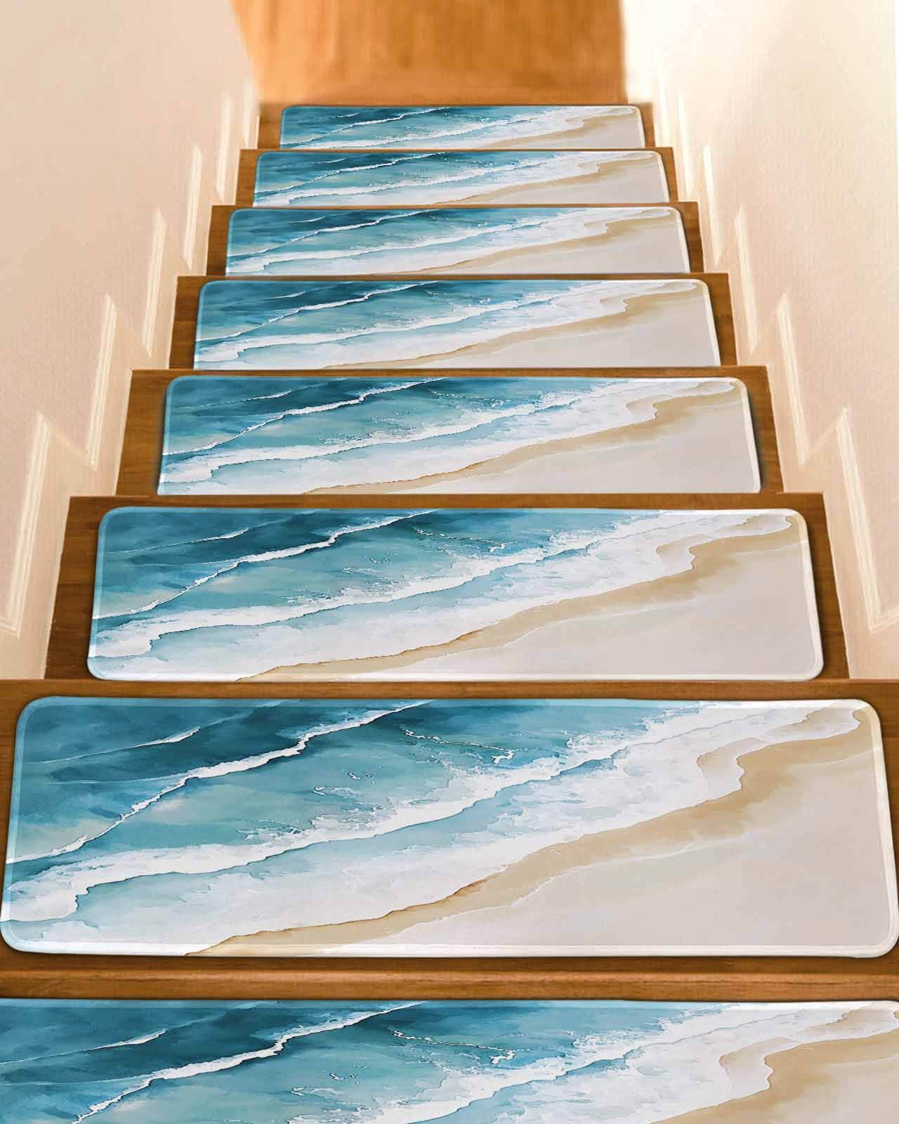Blue Teal Beach Coastal Stair Treads for Wooden Steps Indoor Runner Rug ...