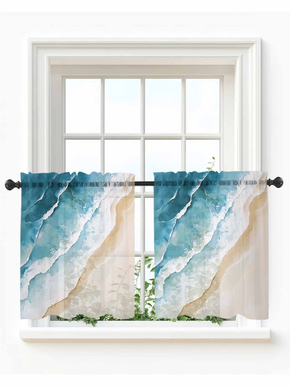 Blue Teal Beach Coastal Tier Curtains 24 Inch Length,Sheer Curtains for ...