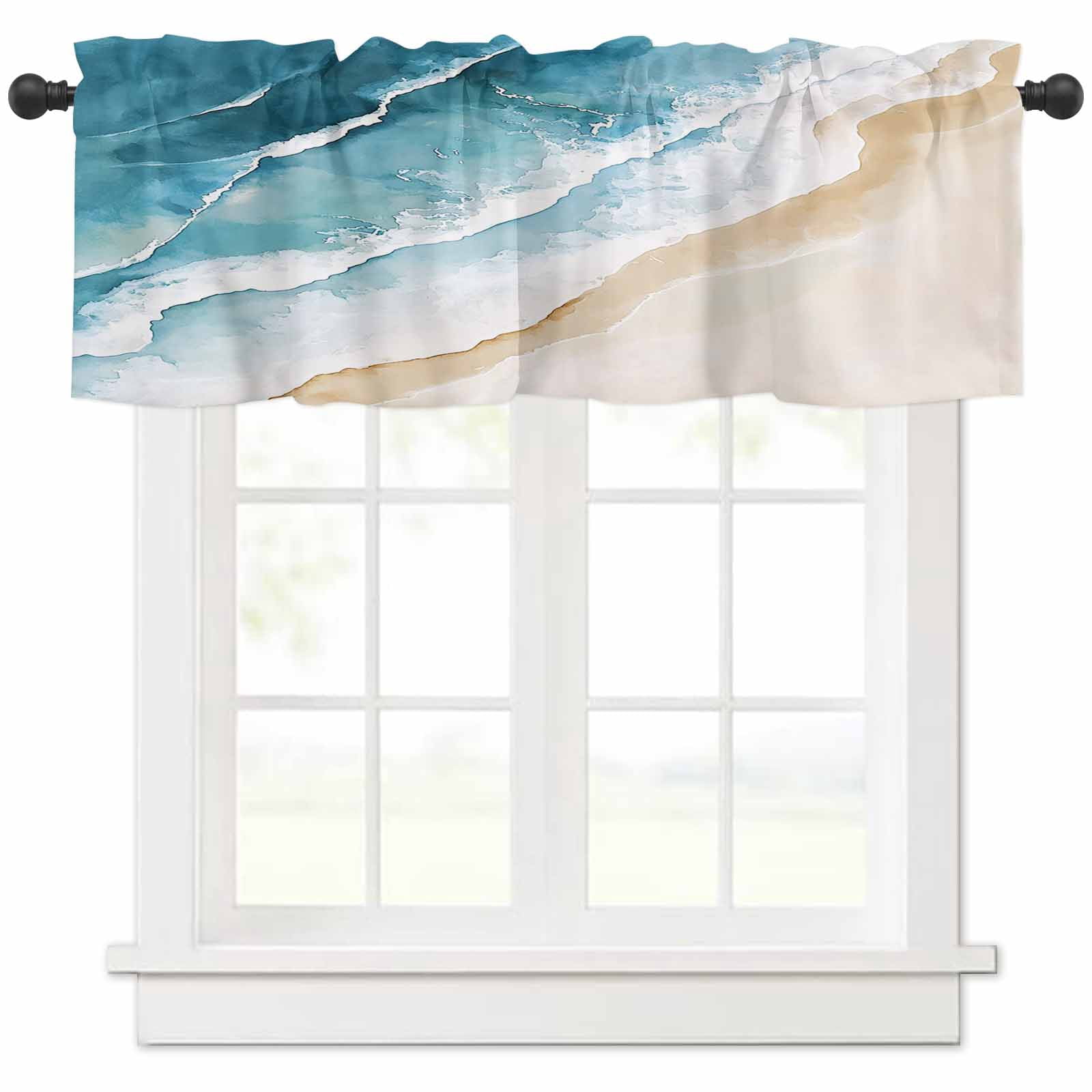 Blue Teal Beach Coastal Valances for Windows Farmhouse Kitchen Curtains ...