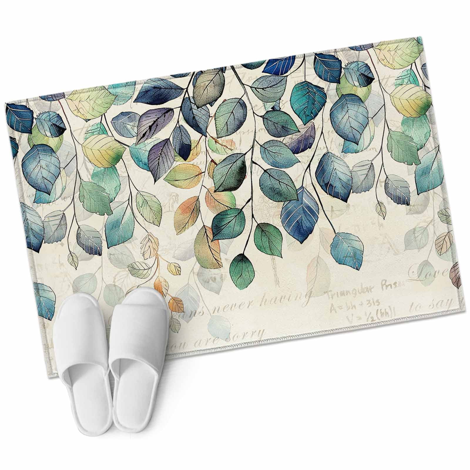 Blue Teal Botanical 2'x3' Washable Rug, Weeping Fall Eucalyptus Leaves ...