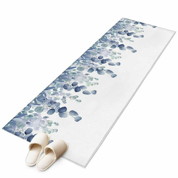 Blue Teal Botanical 2'x6' Runner Rug, Eucalyptus Leaves Pastoral Floral ...