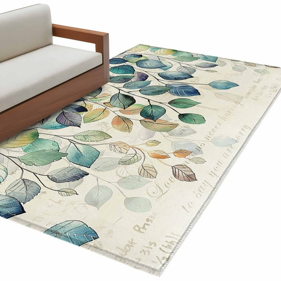 Blue Teal Botanical 3'x5' Washable Rug, Weeping Fall Eucalyptus Leaves ...