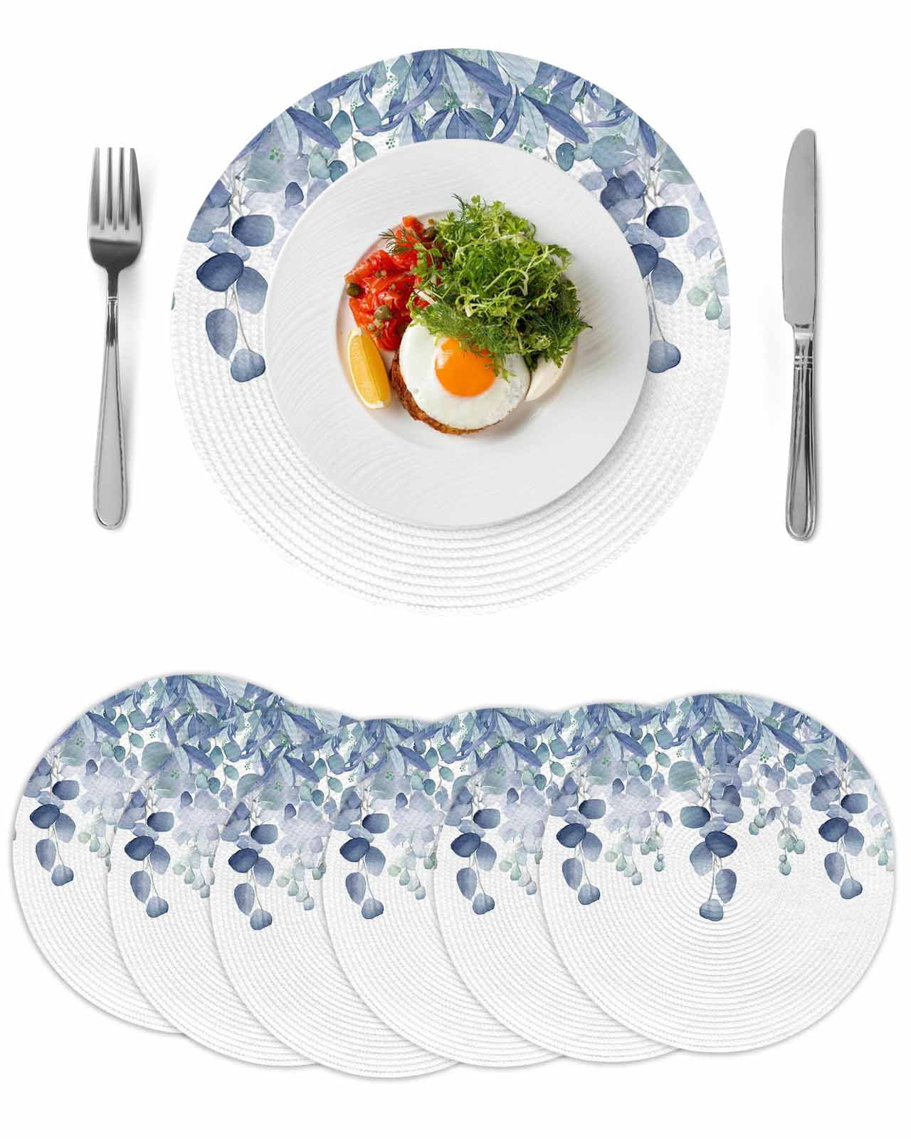 Blue Teal Botanical Round 15 Inch Placemats Set of 6, Eucalyptus Leaves ...
