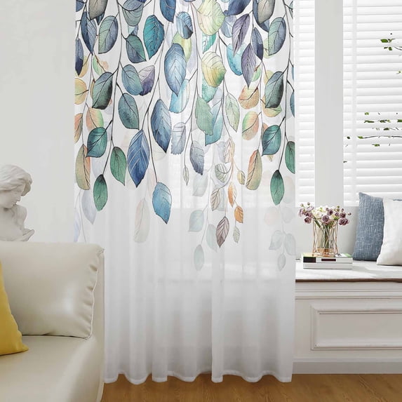 Blue Teal Botanical Sheer Curtains 54 Inch Length, Light Filtering ...