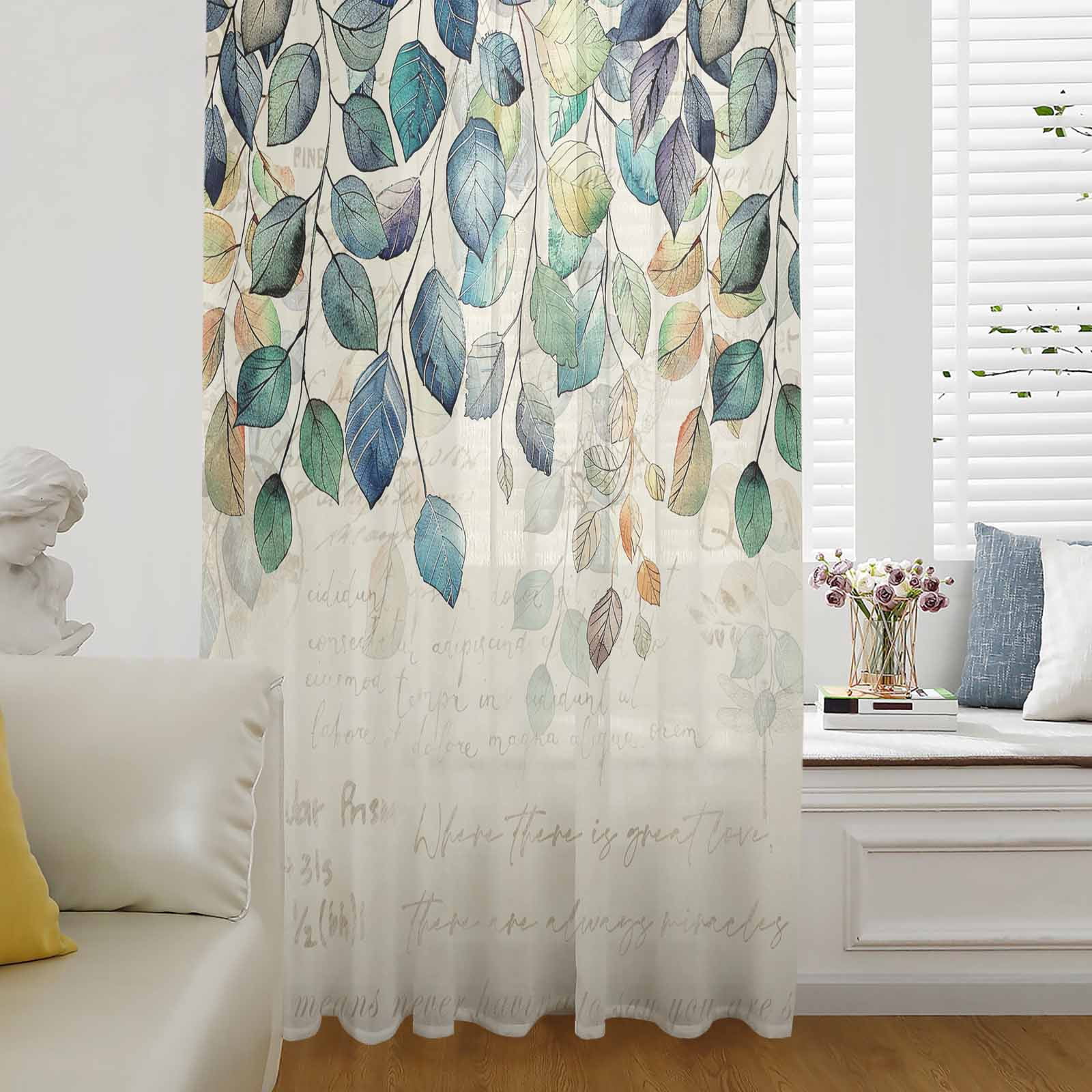 Blue Teal Botanical Sheer Curtains 96 Inch Length, Light Filtering ...