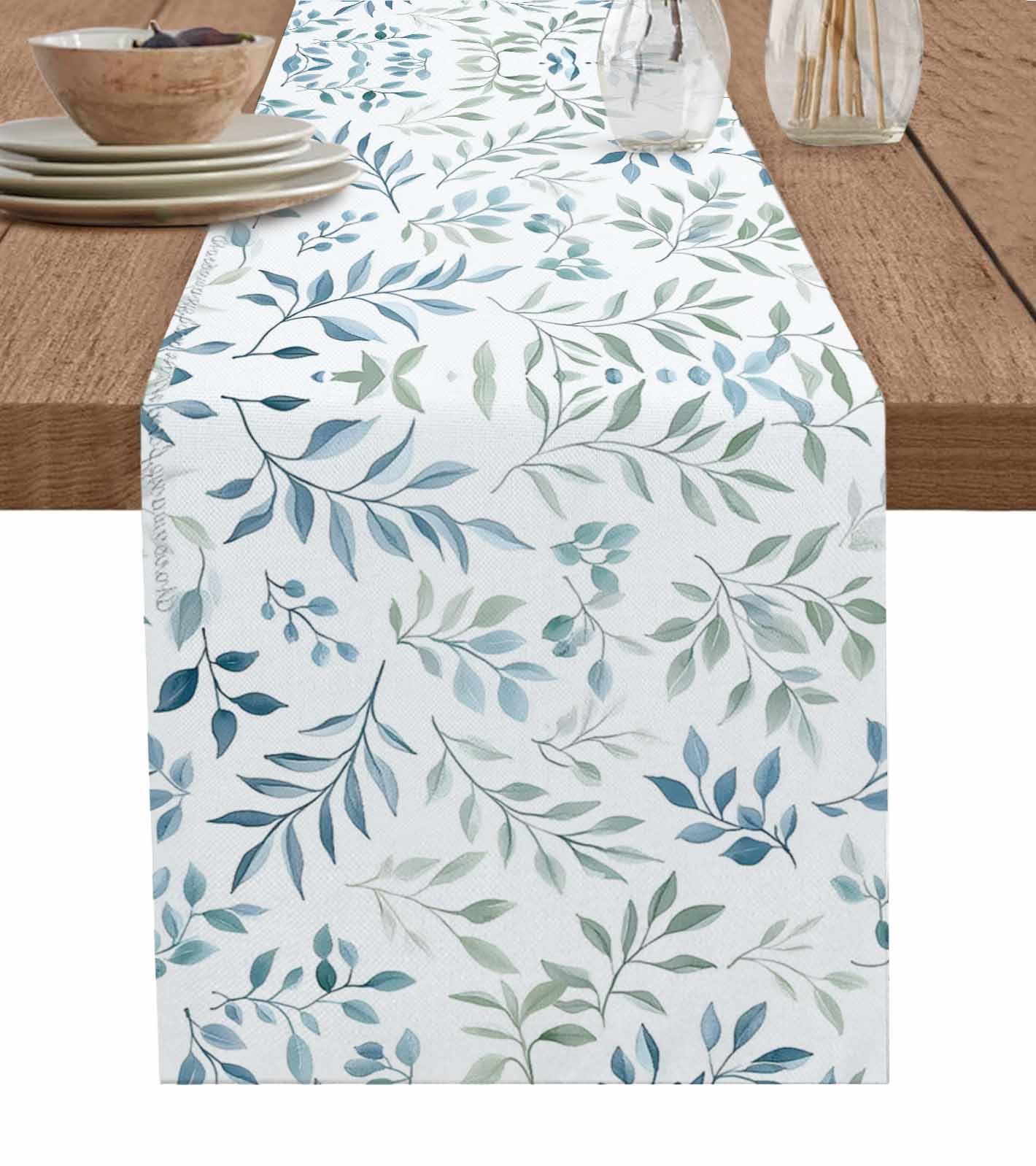 Blue Teal Botanical Table Runner 72 Inches, Spring Summer Leaves ...