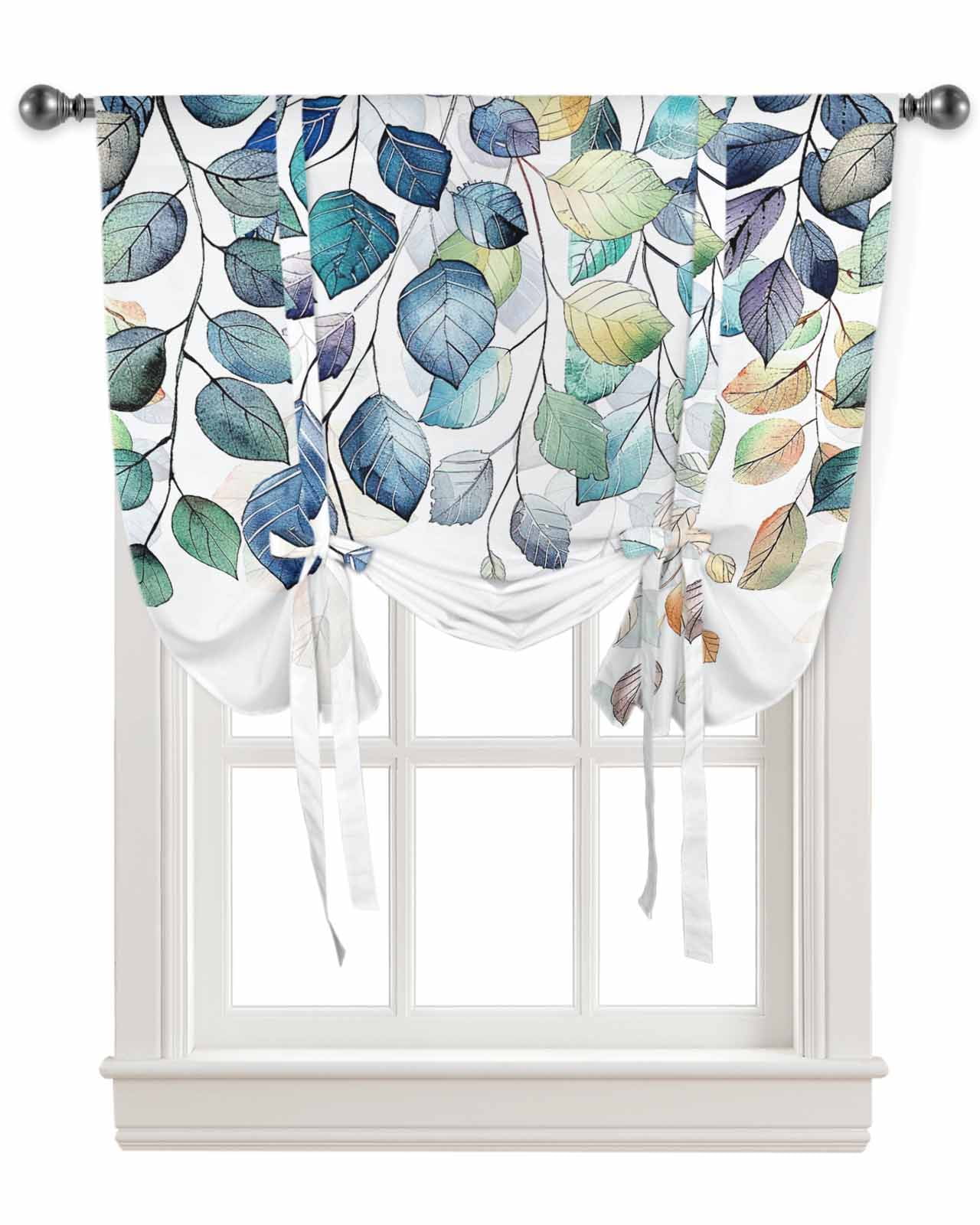 Blue Teal Botanical Tie Up Curtains for Kitchen Bathroom Bedroom ...