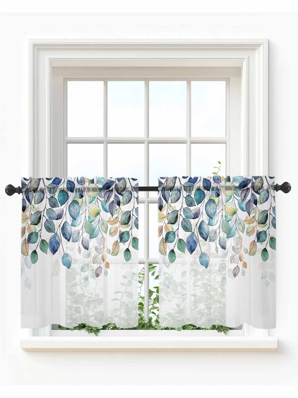 Blue Teal Botanical Tier Curtains 36 Inch Length,Sheer Curtains for ...