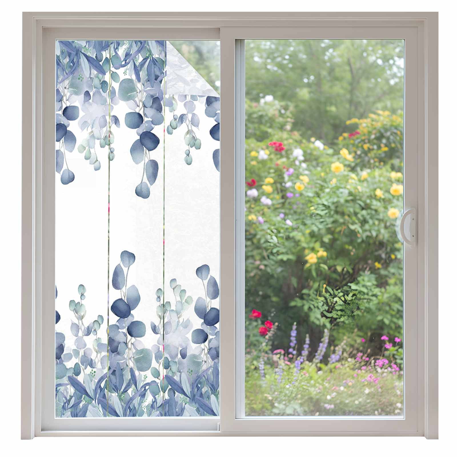 Blue Teal Botanical Window Privacy Film, Eucalyptus Leaves Pastoral ...