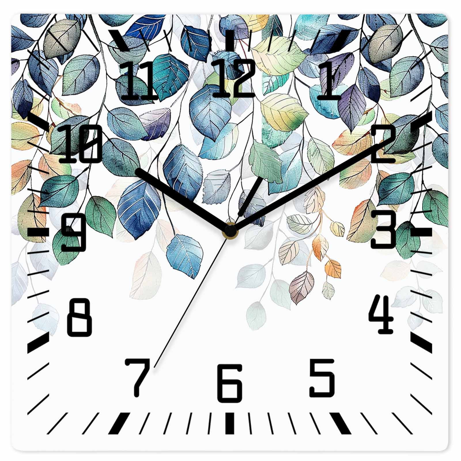 Blue Teal Botanical Wooden Wall Clock Silent Non Ticking, Weeping Fall ...