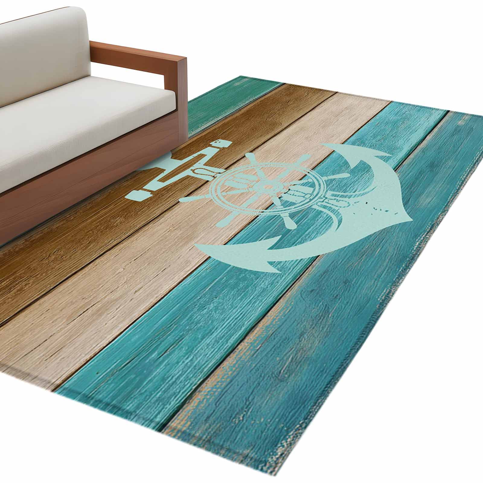 Blue Teal Brown 3'x5' Washable Rug, Anchor Nautical Coastal Ocean ...