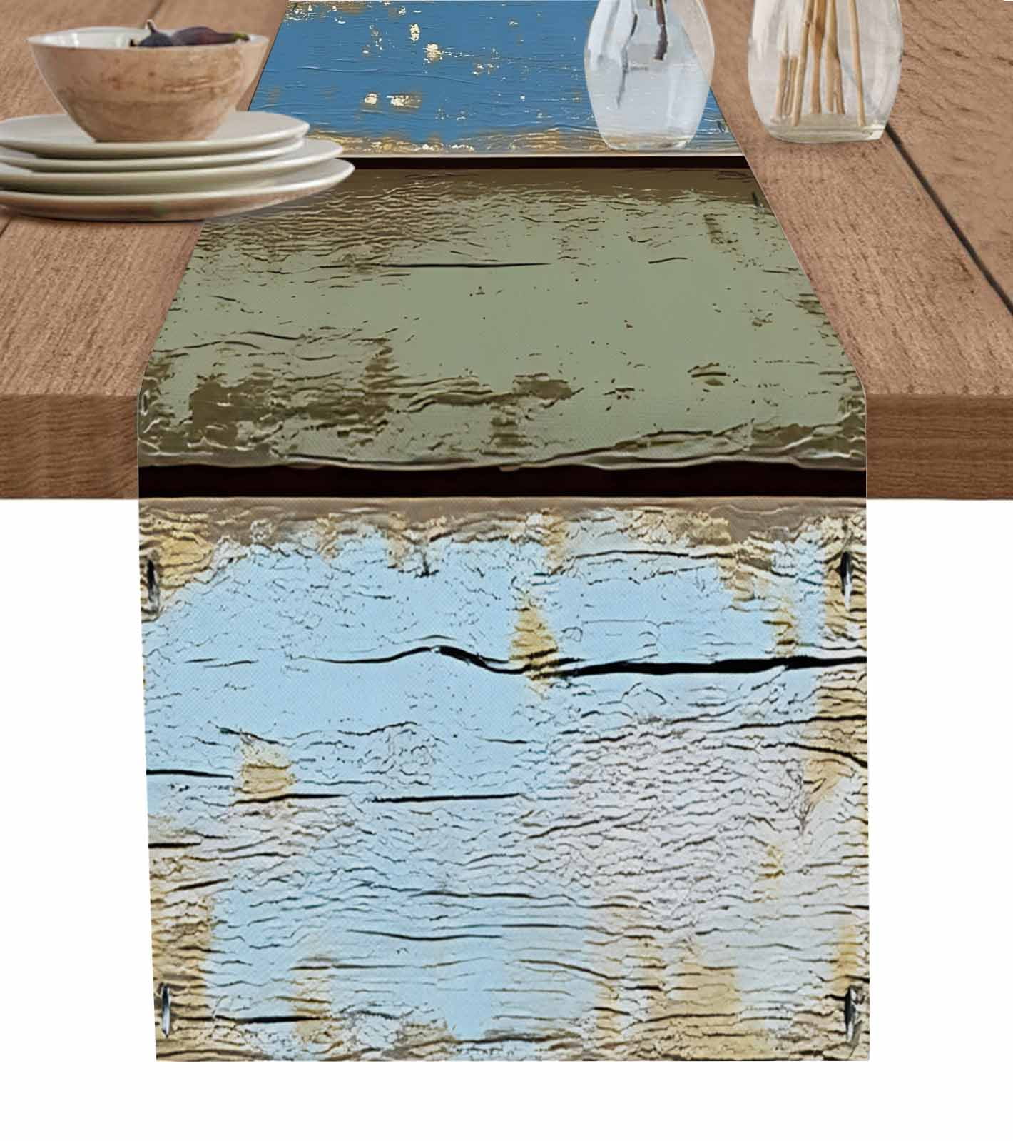 Blue Teal Brown Farmhouse Table Runner 70 Inches, Vintage Retro Wooden ...