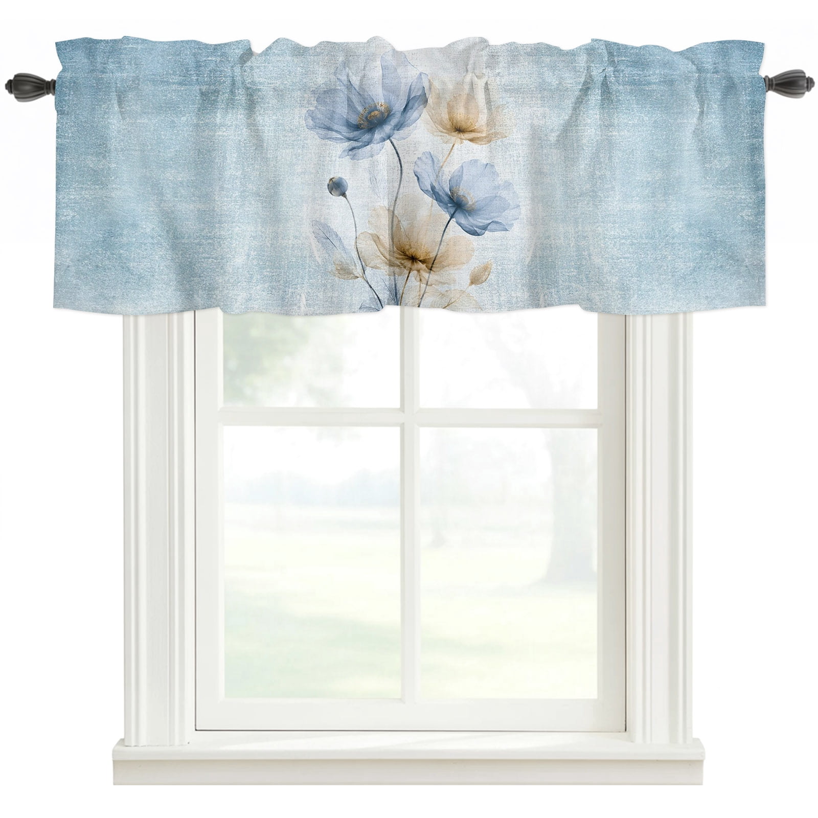 Blue Teal Brown Spring Floral Valances for Windows Farmhouse Kitchen ...