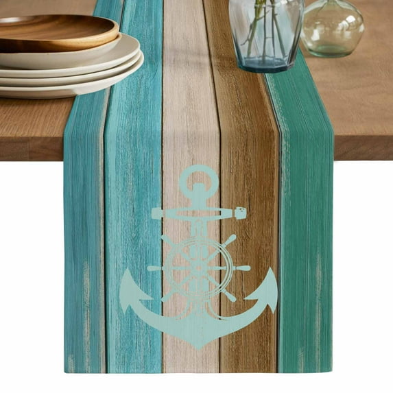 Blue Teal Brown Table Runner, Anchor Nautical Coastal Ocean Wooden ...