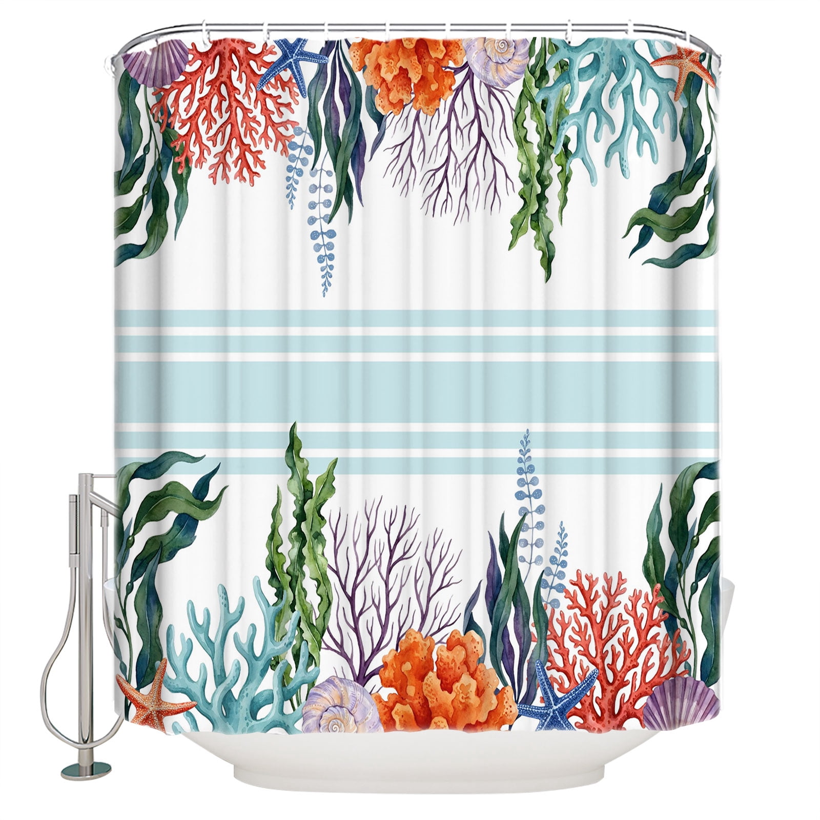 Blue Teal Coastal Bathroom Shower Curtains with 12 Hooks Polyester ...