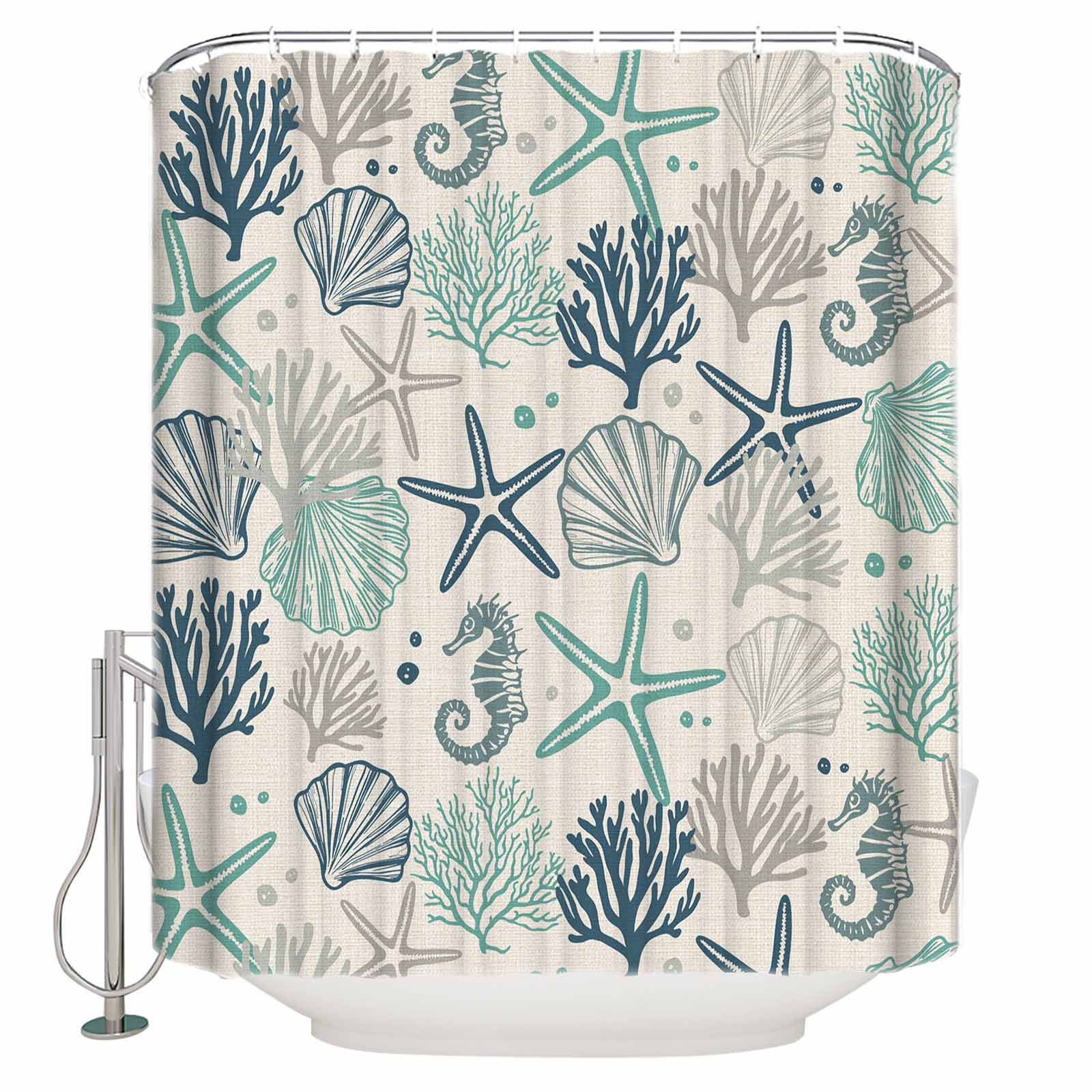 Blue Teal Coastal Bathroom Shower Curtains with 12 Hooks Polyester ...