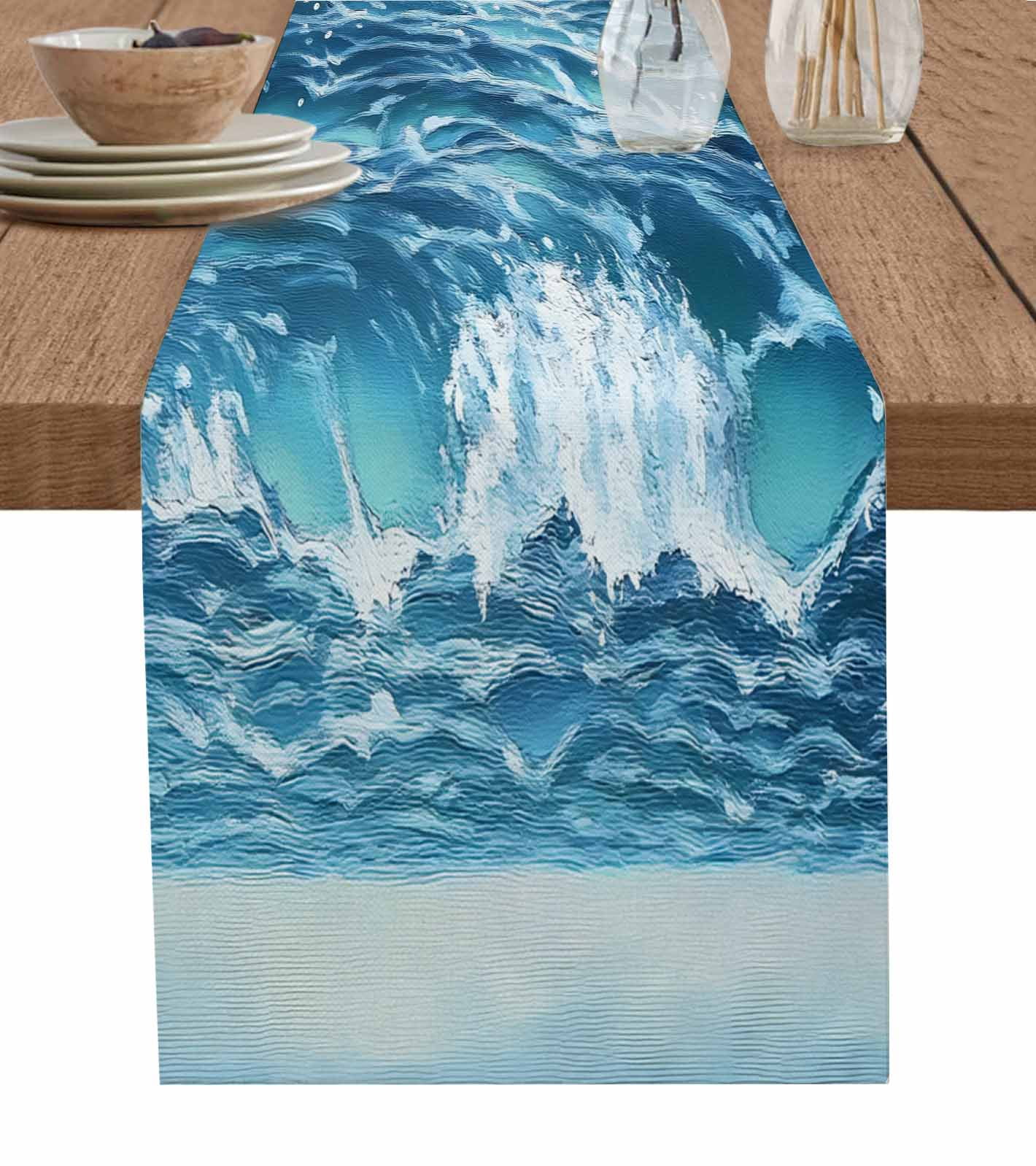 Blue Teal Coastal Burlap Cotton Table Runner 13x70 Inches Long, Waves ...