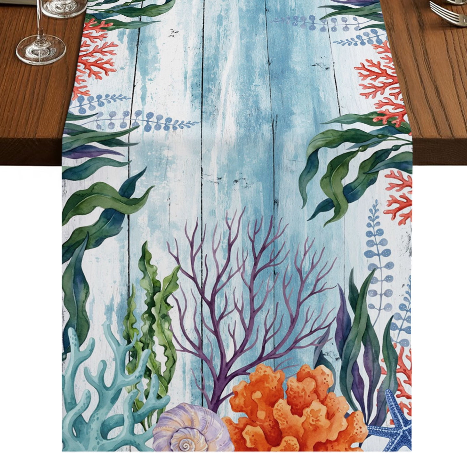 Blue Teal Coastal Burlap Cotton Table Runner 13x72 Inches Long, Wooden ...