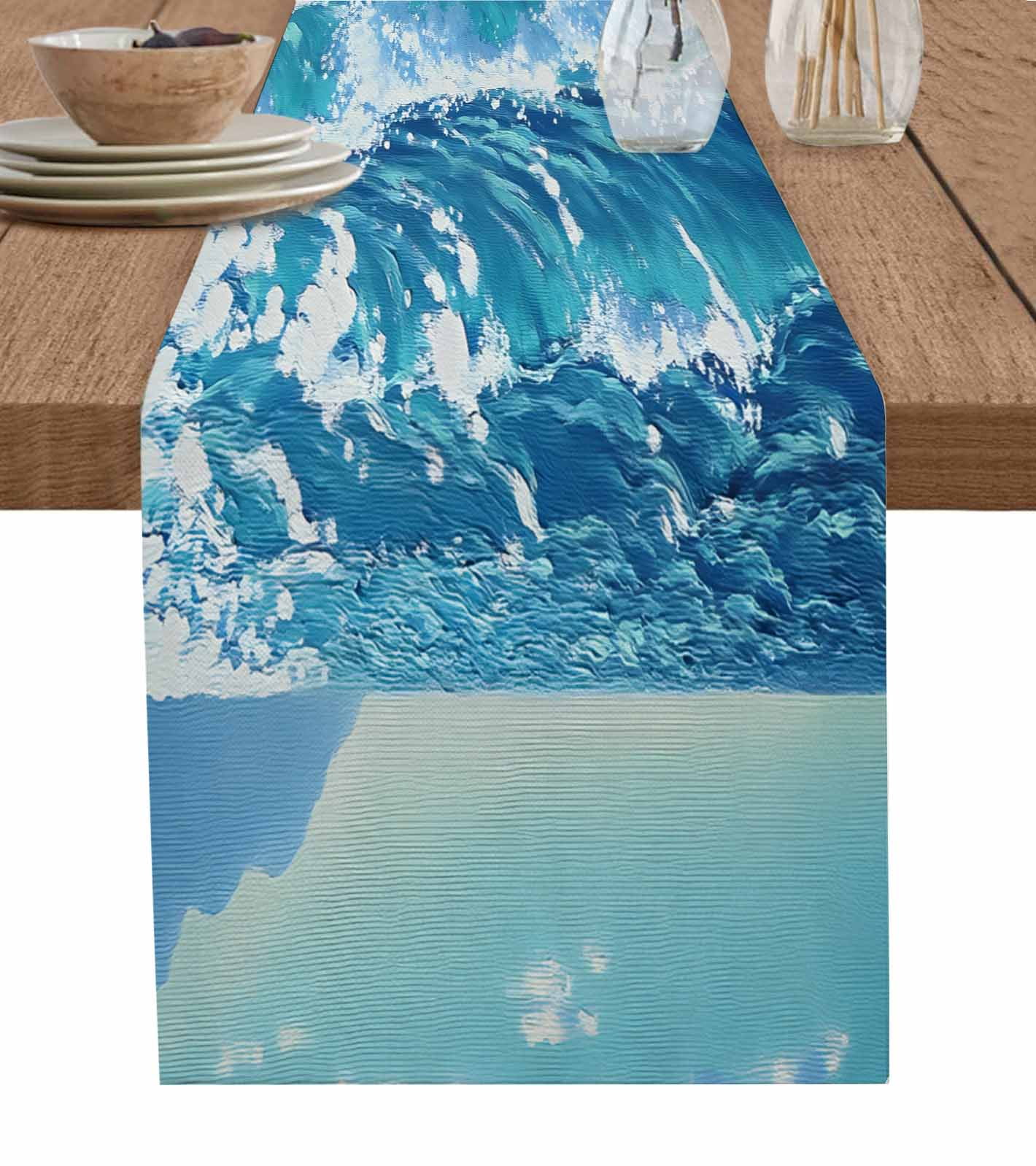 Blue Teal Coastal Burlap Cotton Table Runner 13x90 Inches Long, Sea ...