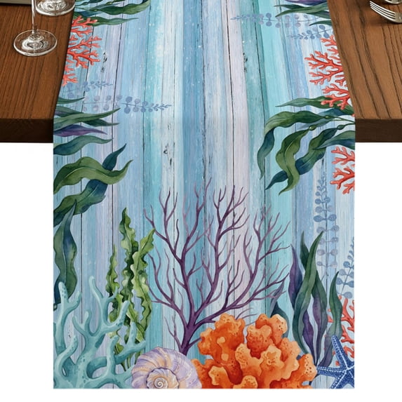 Blue Teal Coastal Burlap Cotton Table Runner 13x90 Inches Long, Wooden ...