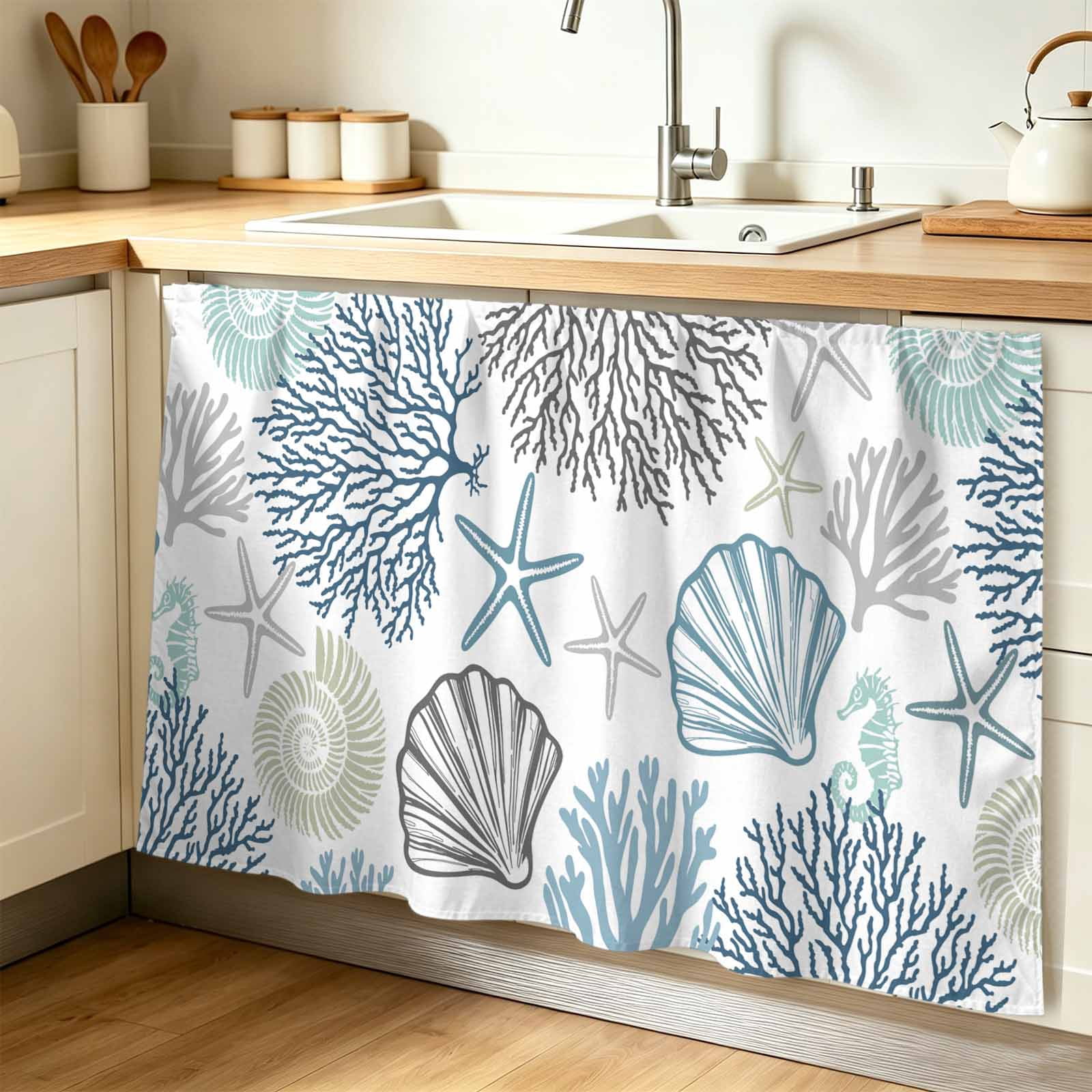 Blue Teal Coastal Cabinet Curtain 32"Wx55"L,Dustproof Pantry Door ...