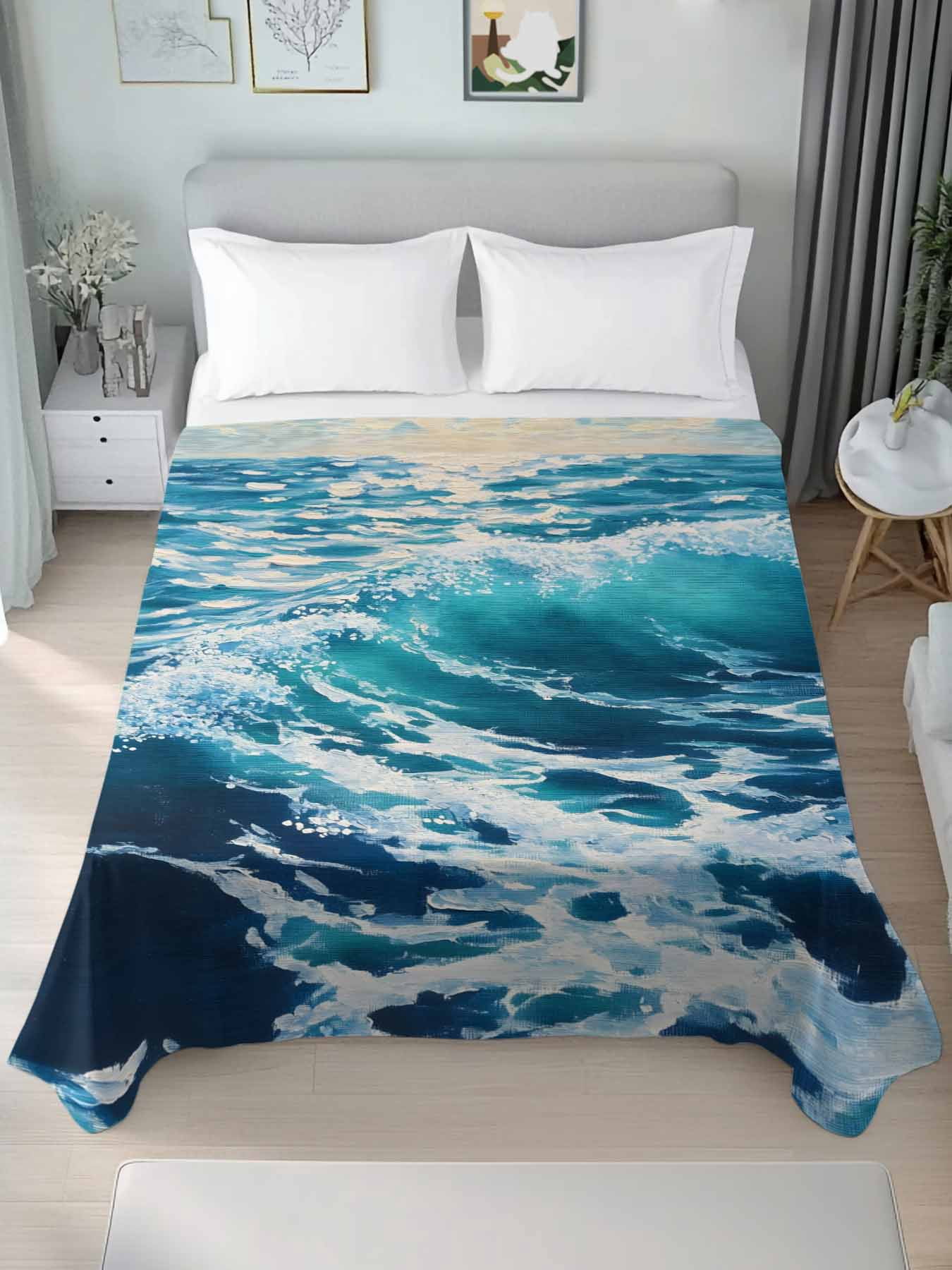 Blue Teal Coastal California King Size Flat Sheet, Wrinkleproof ...