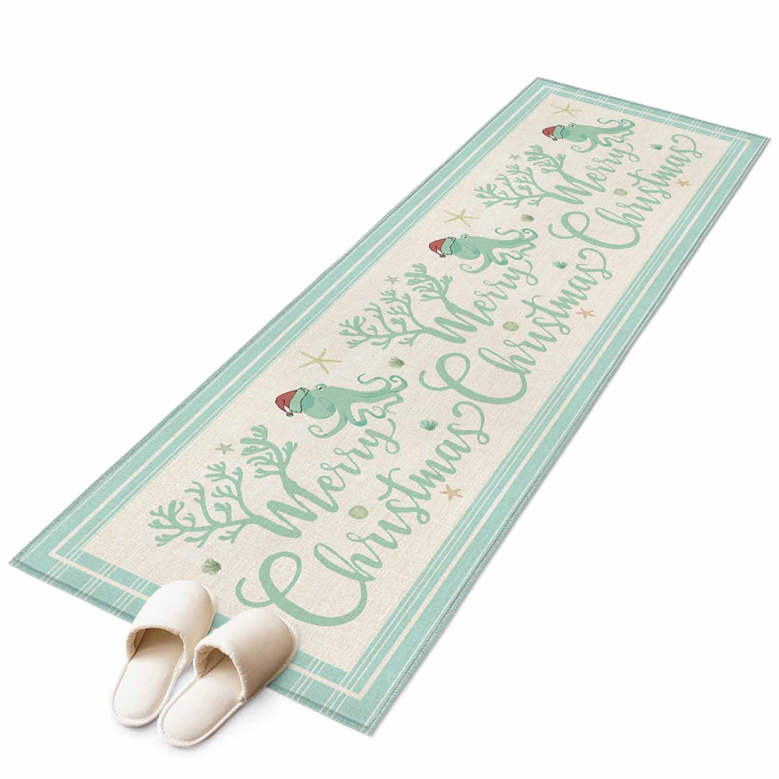 Blue Teal Coastal Christmas 2'x6' Runner Rug, Xmas Coral Nautical ...