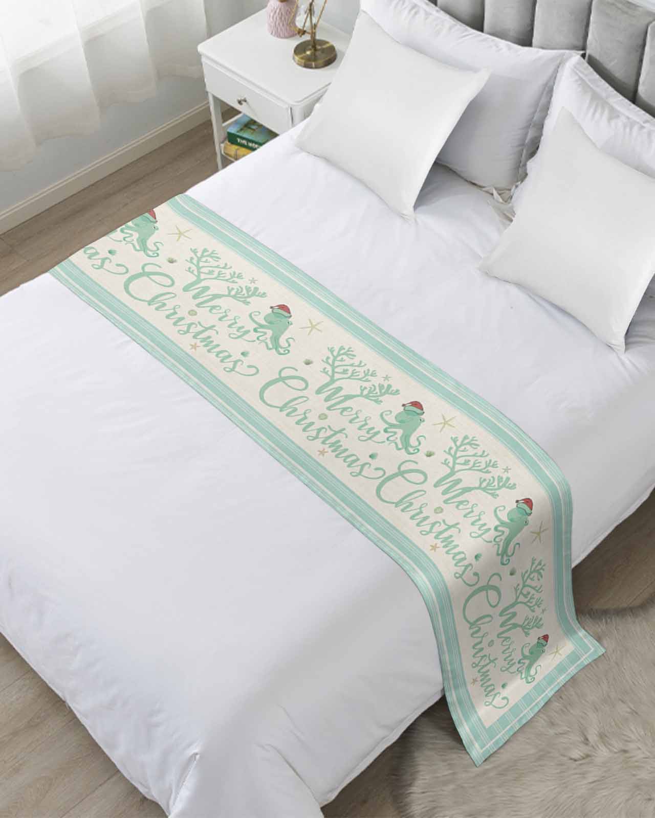 Blue Teal Coastal Christmas Bed Runner for Cal. King Size Bed, Xmas ...