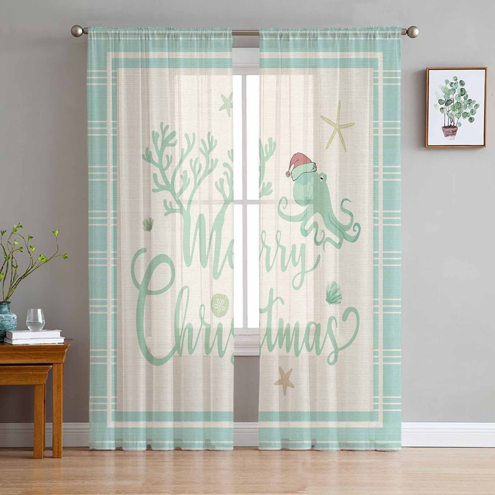 Blue Teal Coastal Christmas Sheer Curtains 63 Inches Length 2 Panels ...