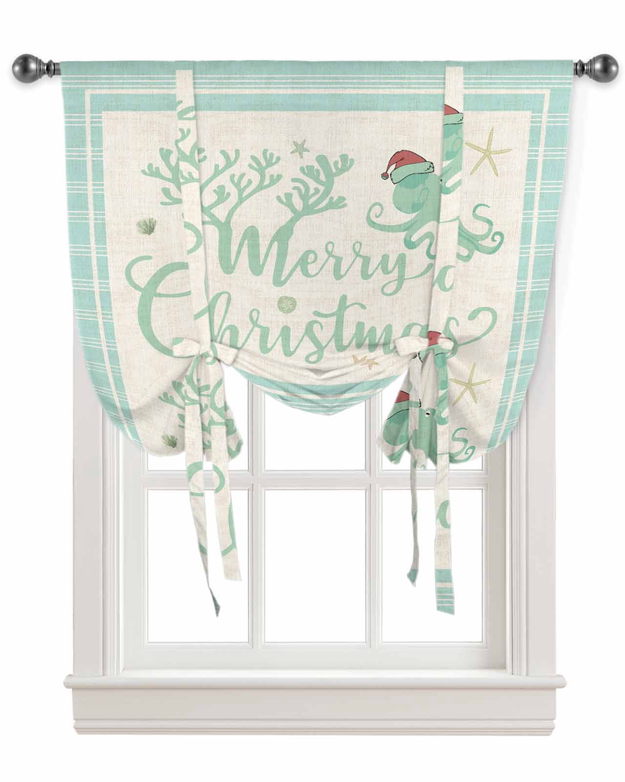 Blue Teal Coastal Christmas Tie Up Curtains for Window, Xmas Coral ...