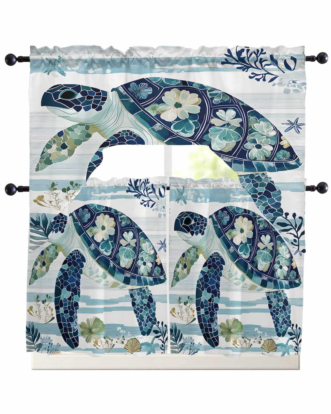 Blue Teal Coastal Kitchen Curtains Sets 24 Inch Length with Valance ...