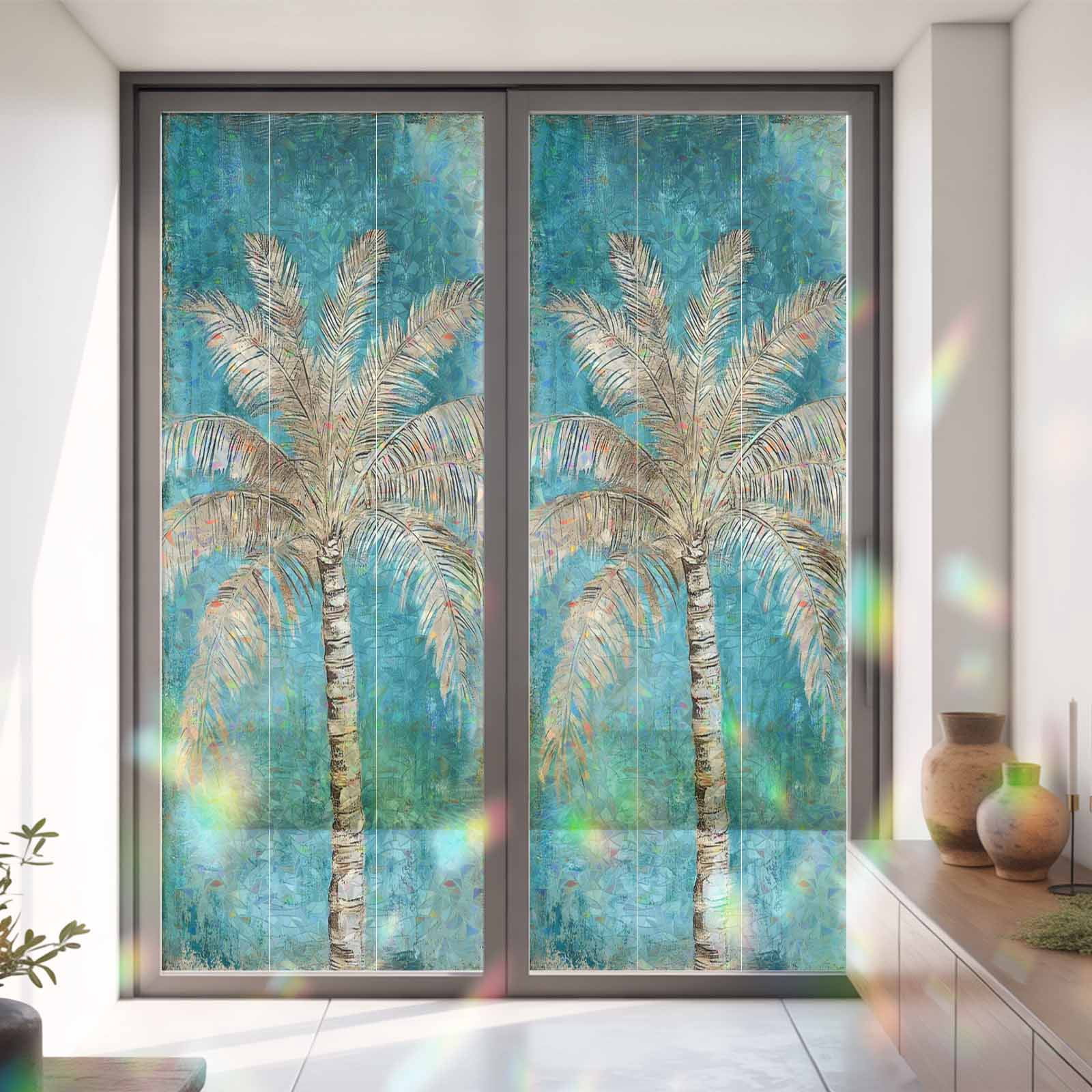 Blue Teal Coastal Palm Tree Window Privacy Film, Rainbow Film ...