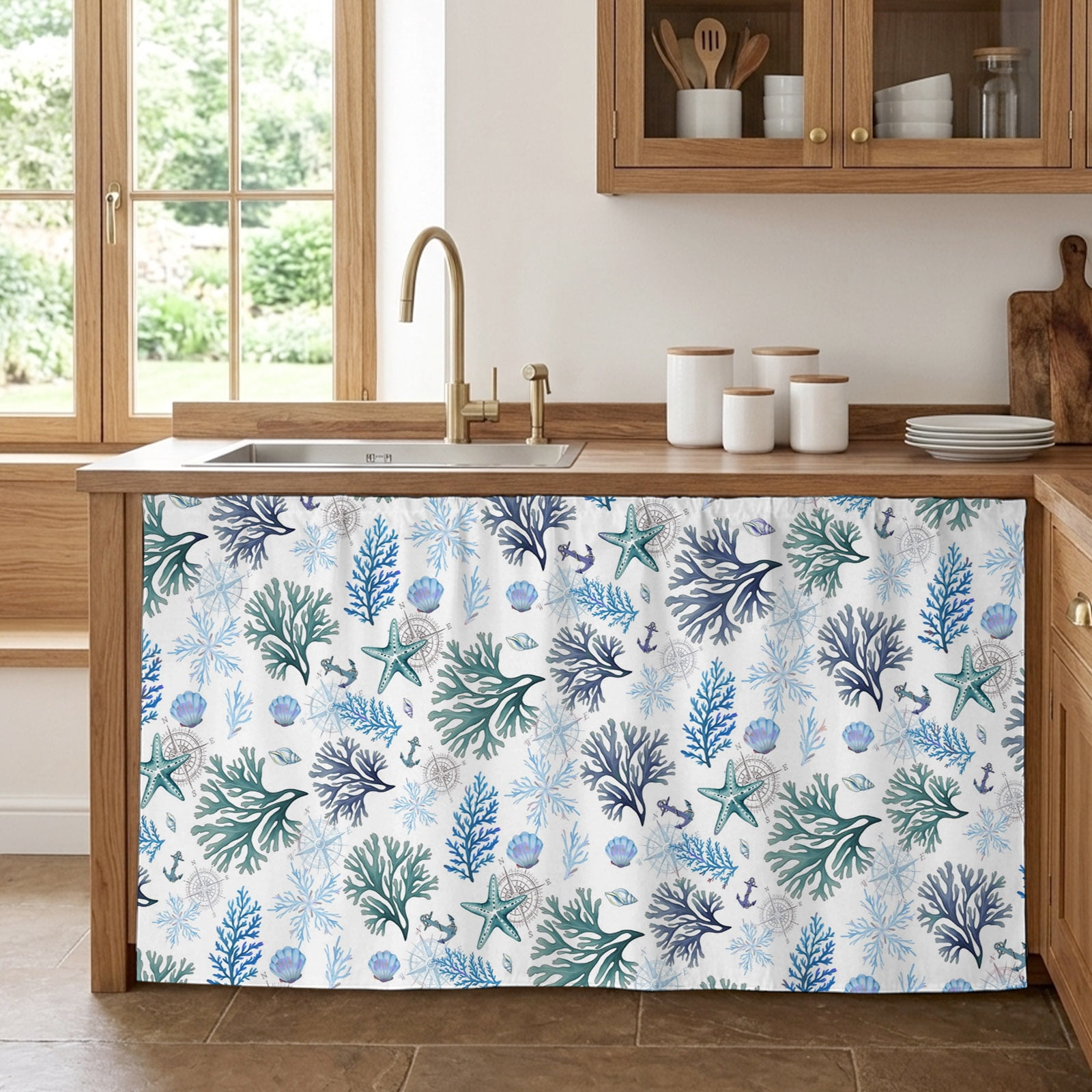 Blue Teal Coastal Pantry Cabinet Curtains 28''x51'', Coral Starfish ...