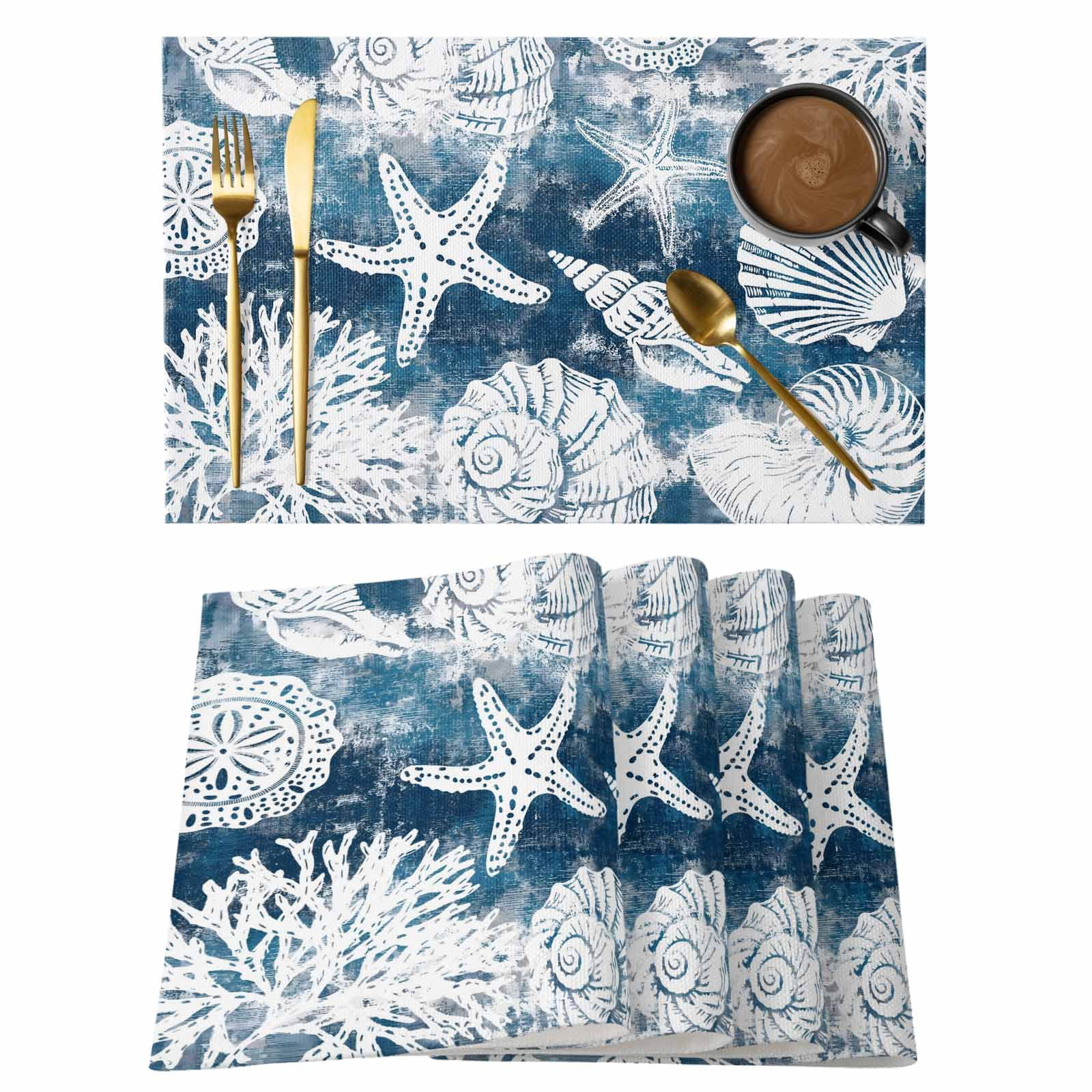 Blue Teal Coastal Placemats Set of 8 Modern Oil Painting Starfish Coral ...
