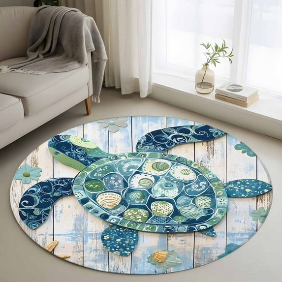 Blue Teal Coastal Round Area Rug 3 FT, Small Kitchen Bathroom Mats ...