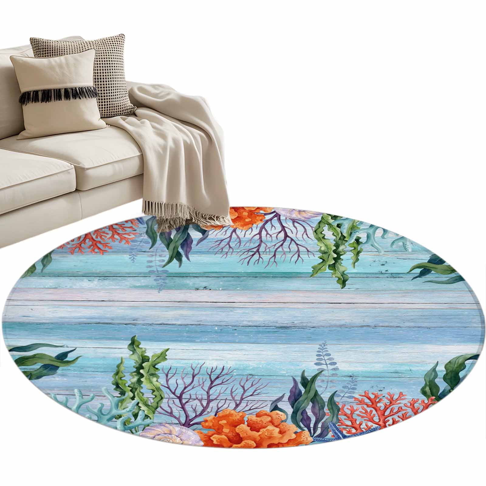 Blue Teal Coastal Round Rug 3.3ft Washable Circle Entryway Rugs Non ...