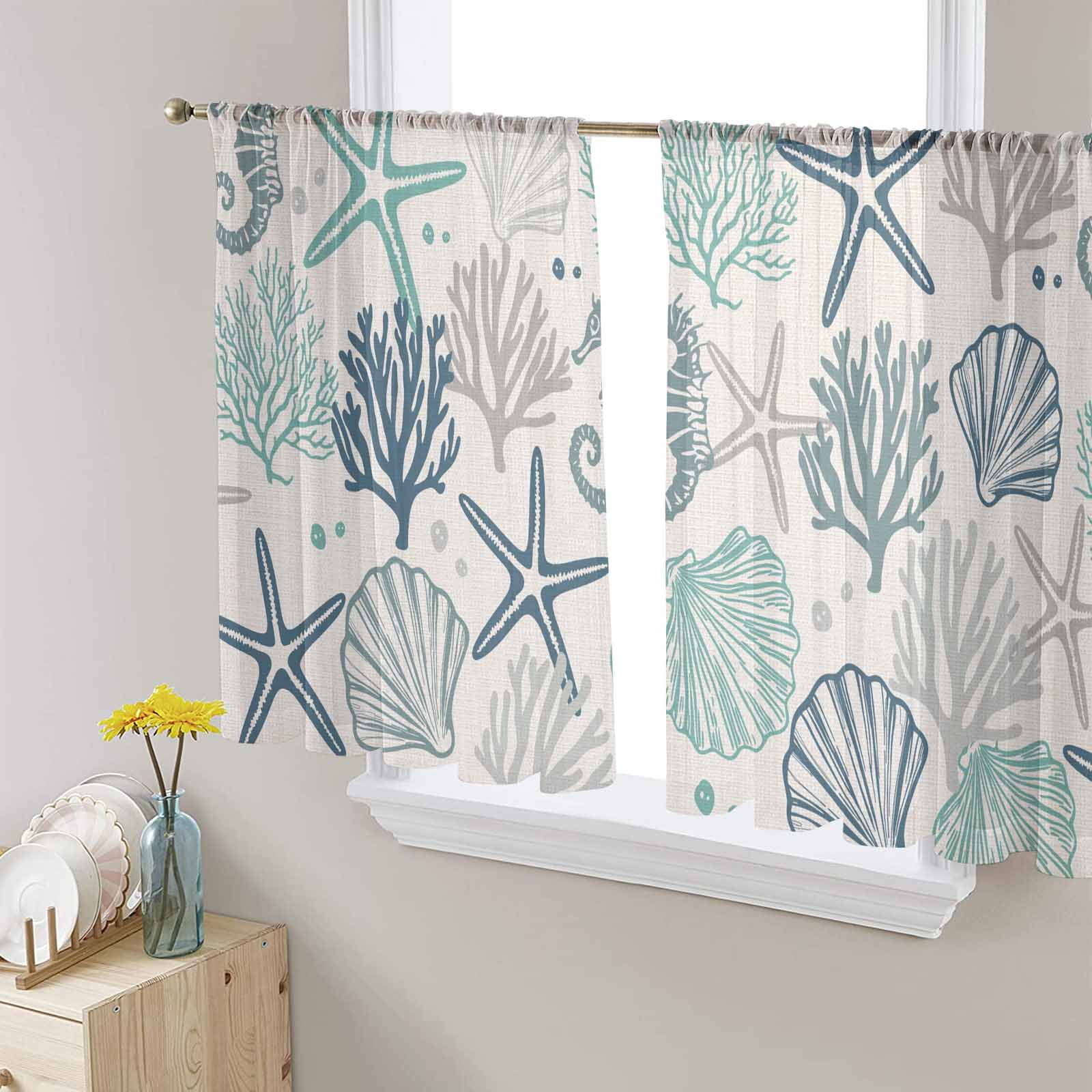 Blue Teal Coastal Sheer Curtains 45 Inch Length 2 Panels Set for Living ...