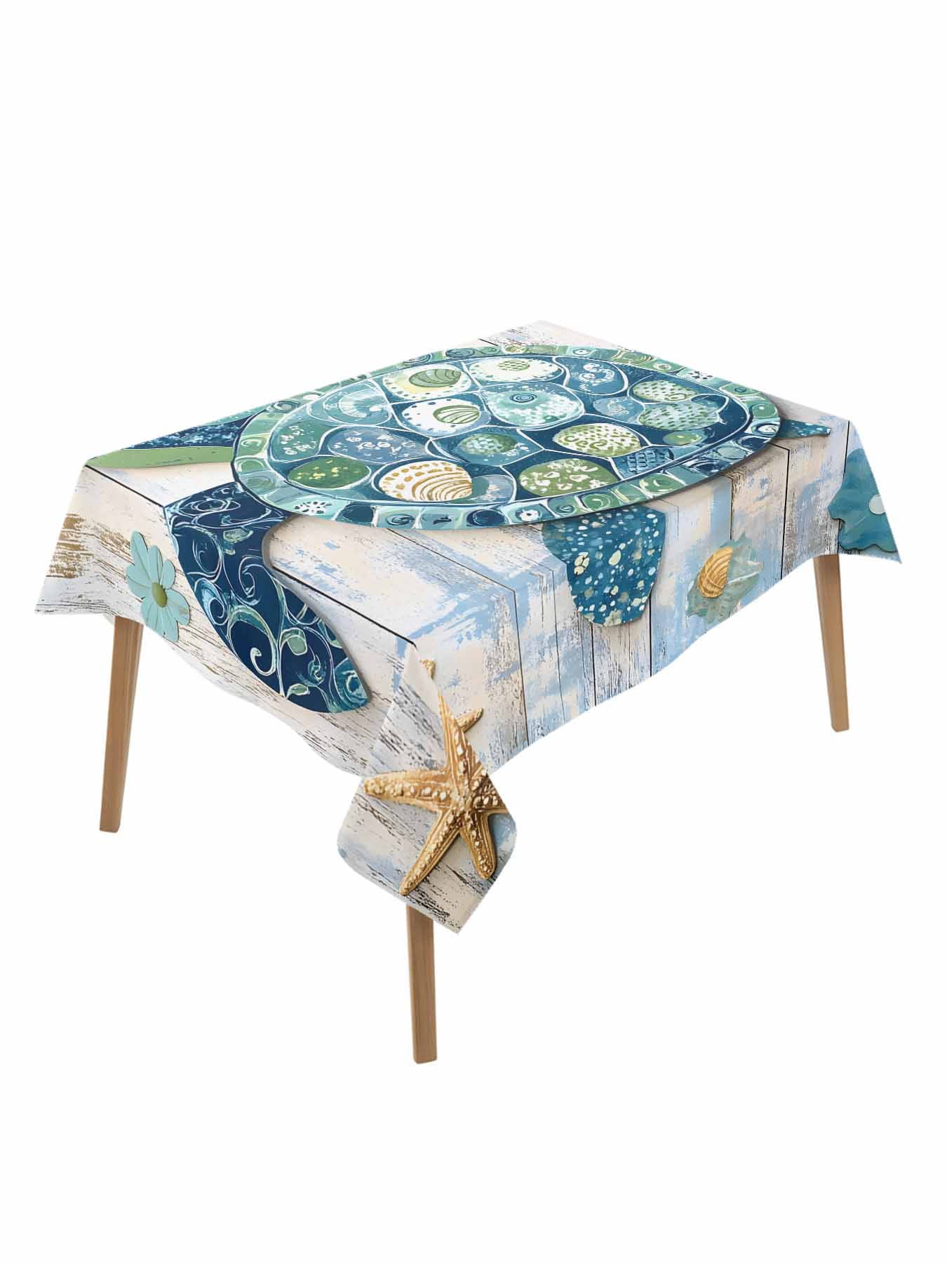 Blue Teal Coastal Table Cloth, Summer Beach Starfish Sea Turtle ...