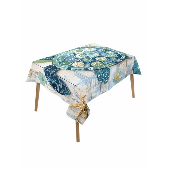 Blue Teal Coastal Table Cloth, Summer Beach Starfish Sea Turtle ...